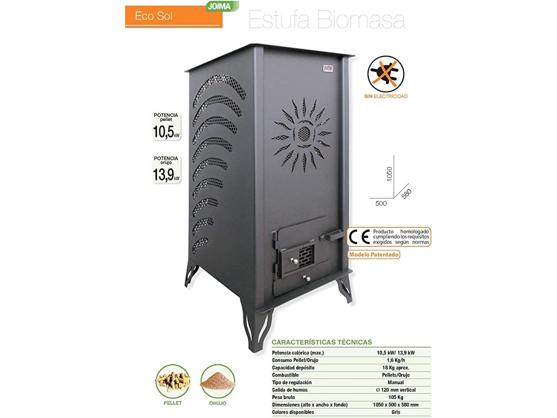 Estufa Biomasa Pellet-Orujo Joima Eco Sol 10 Kw Gris