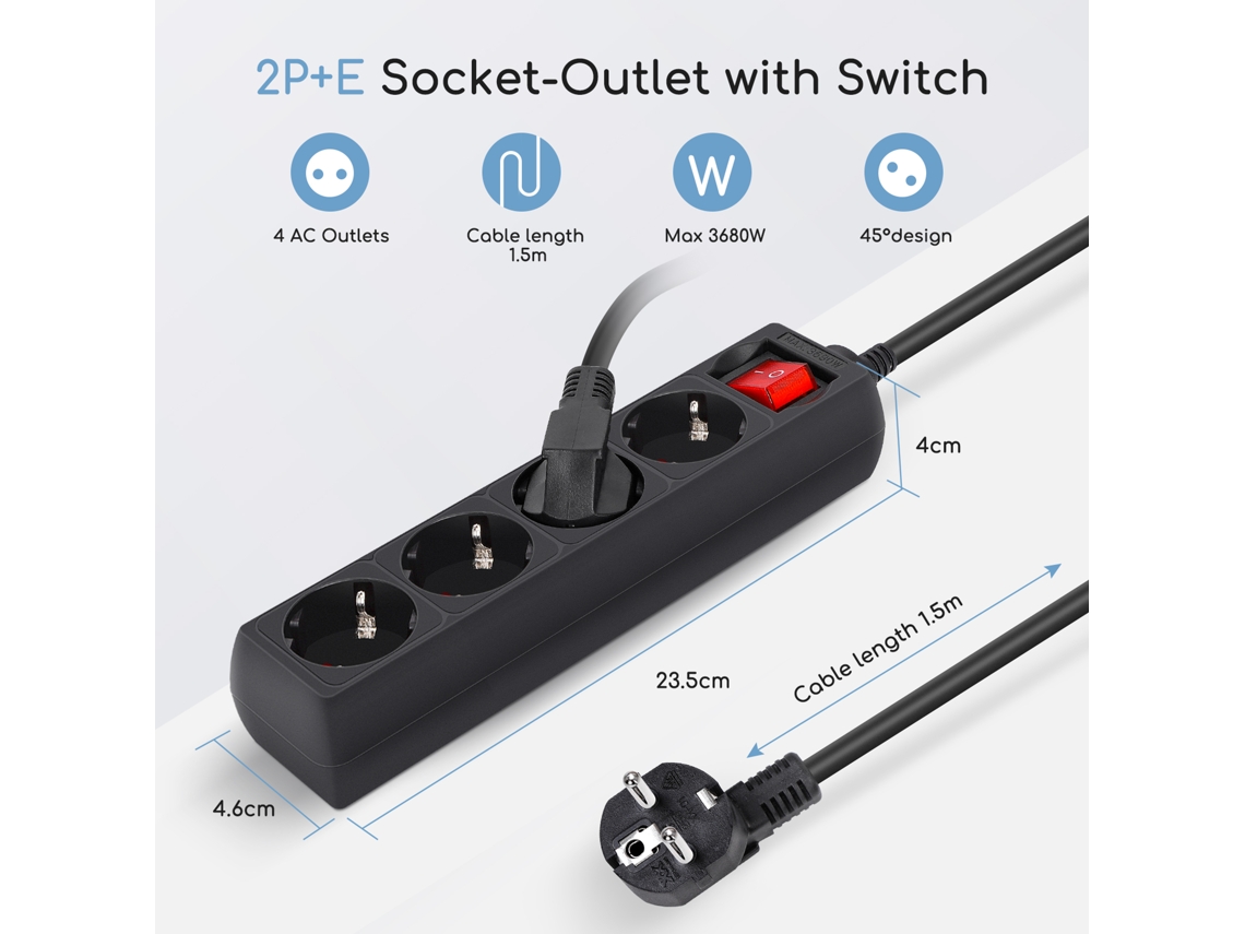 Aigostar Regleta con 4 enchufes, extensión con cable de 1,5 metros y ...
