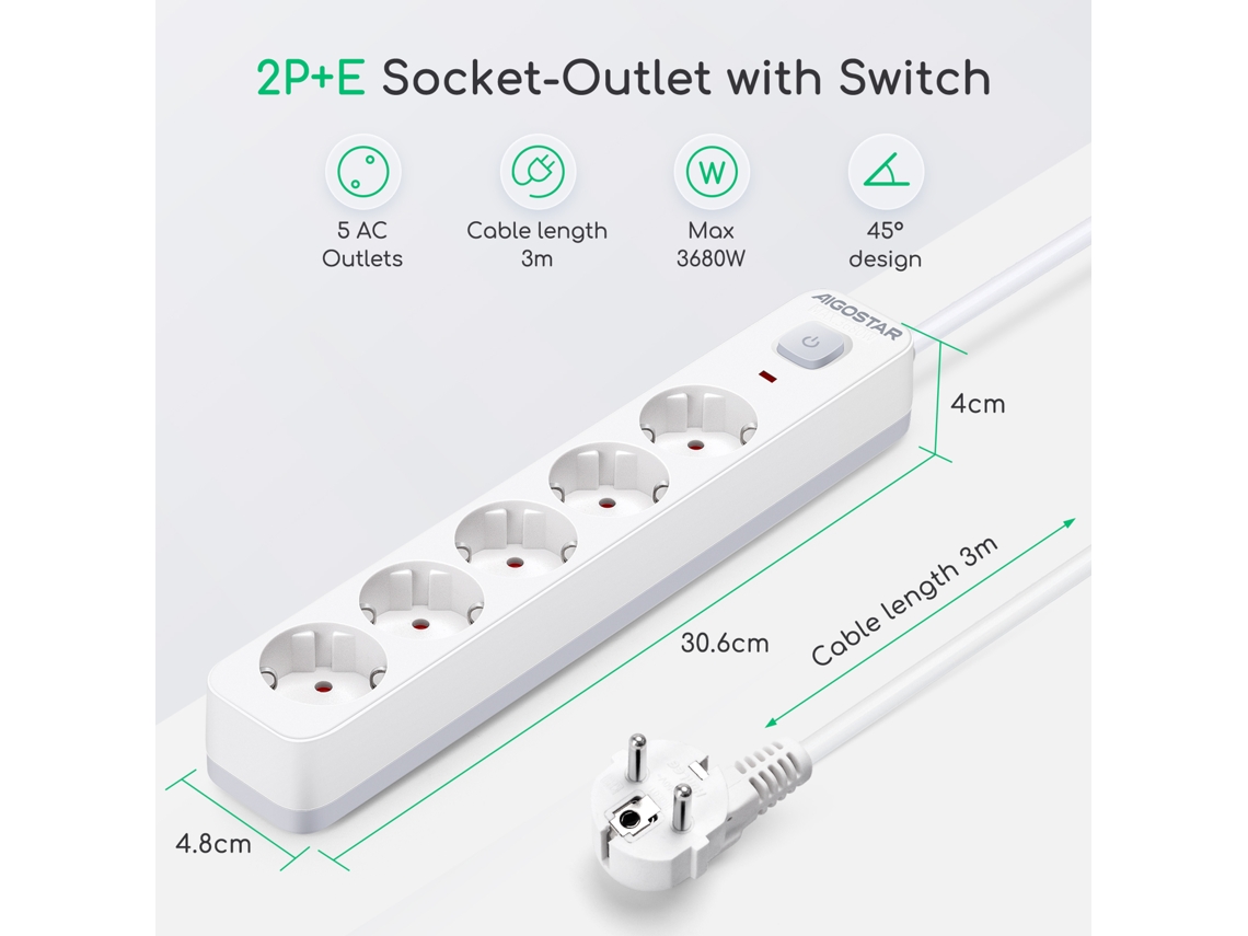 Aigostar Regleta de Enchufes, Extensor de 5 Tomas con Interruptor ...